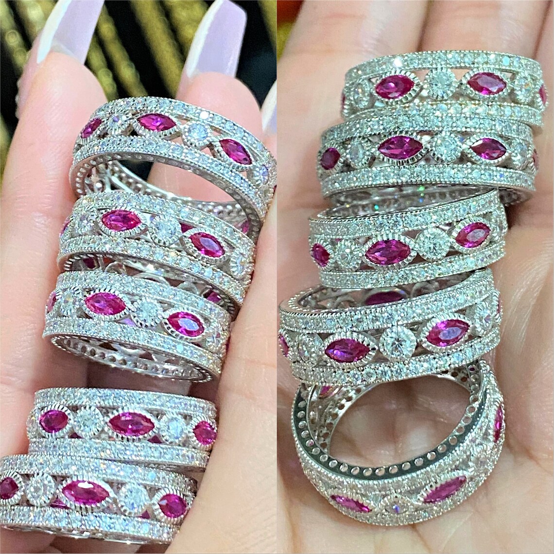 Vintage Sterling Silver Ruby & White Topaz Band Ring Size 8 - Etsy