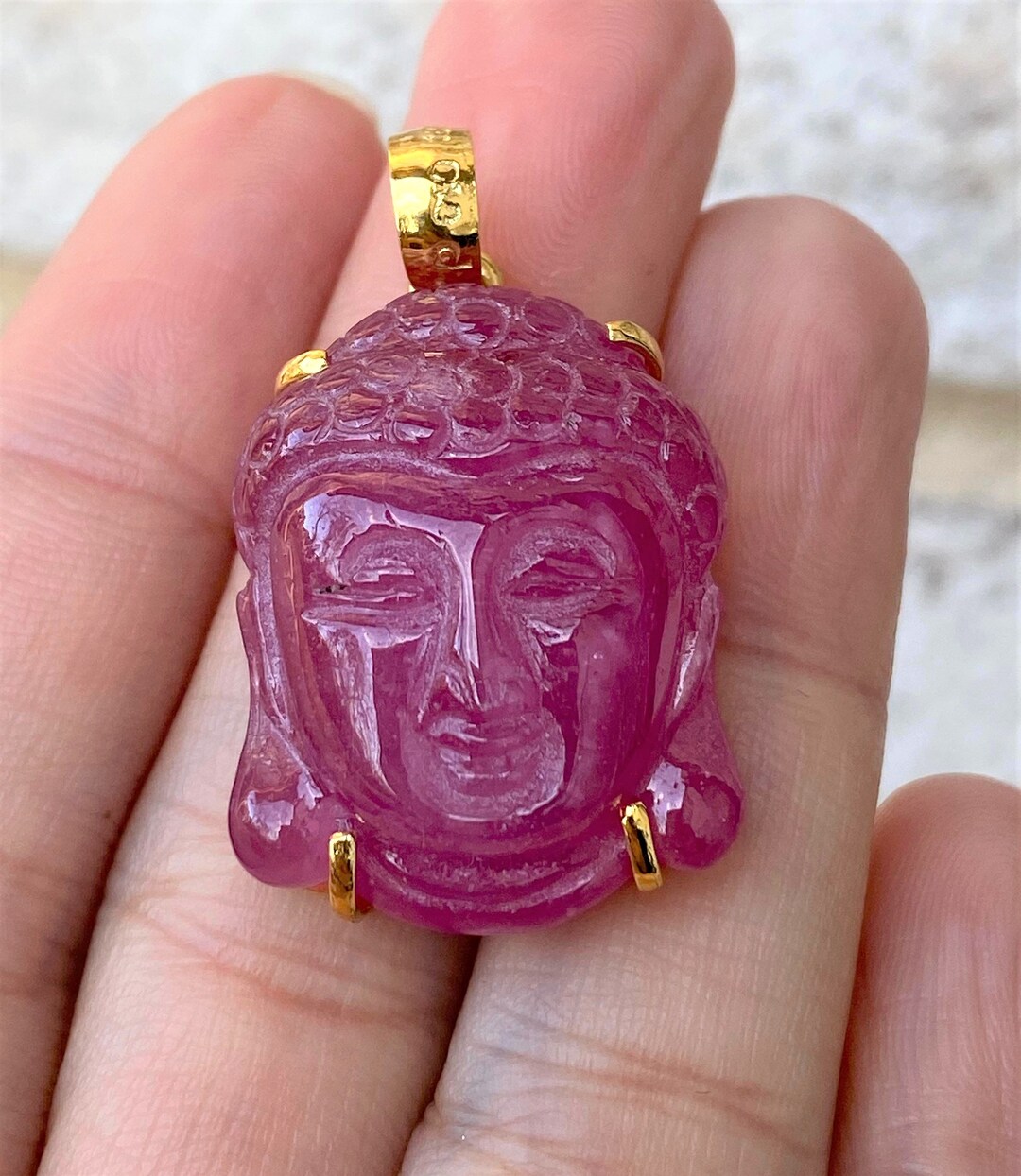 Vintage 18K Solid Yellow Gold 60.5cts Natural Ruby Buddha Head Pendant ...