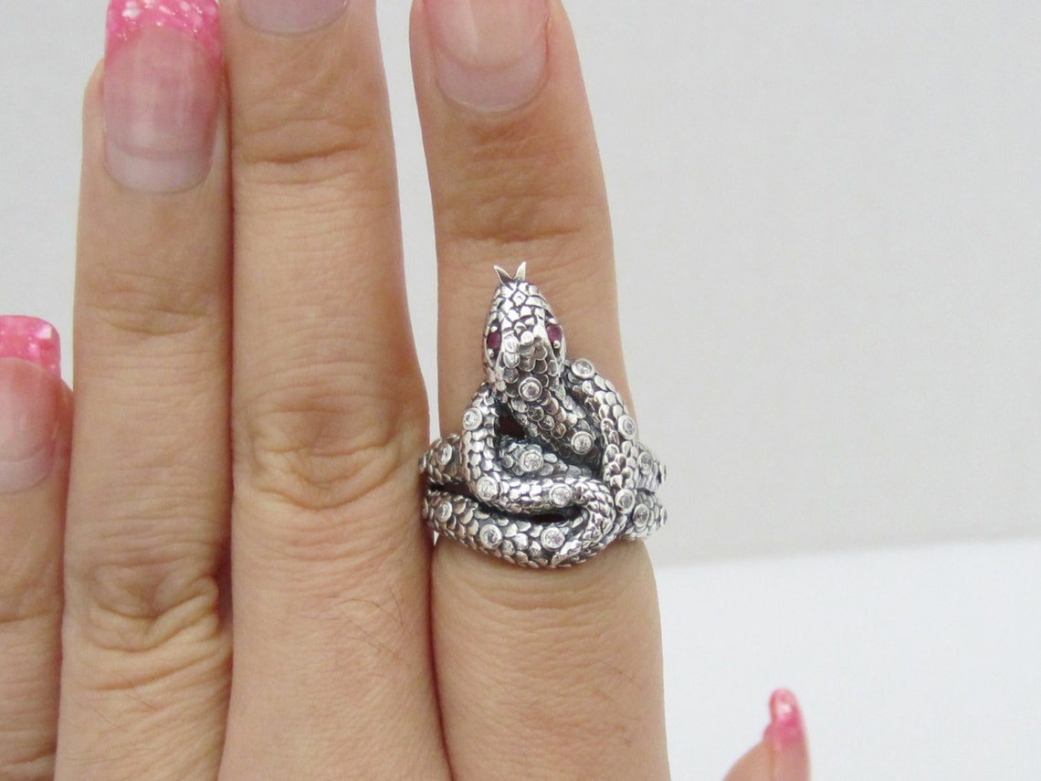 Vintage Sterling Silver White Topaz & Ruby Eyes Snake Ring - Etsy