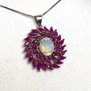 Vintage Sterling Silver Natural Fire Opal & Ruby Pendant Necklace Chain ...