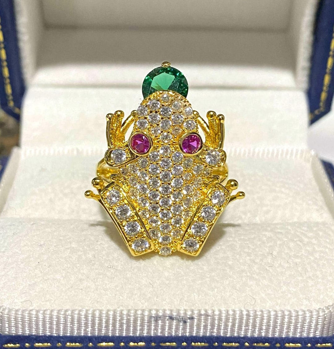 Vintage 15K 610 Solid Yellow Gold Emerald, Ruby, White Topaz Frog Ring ...