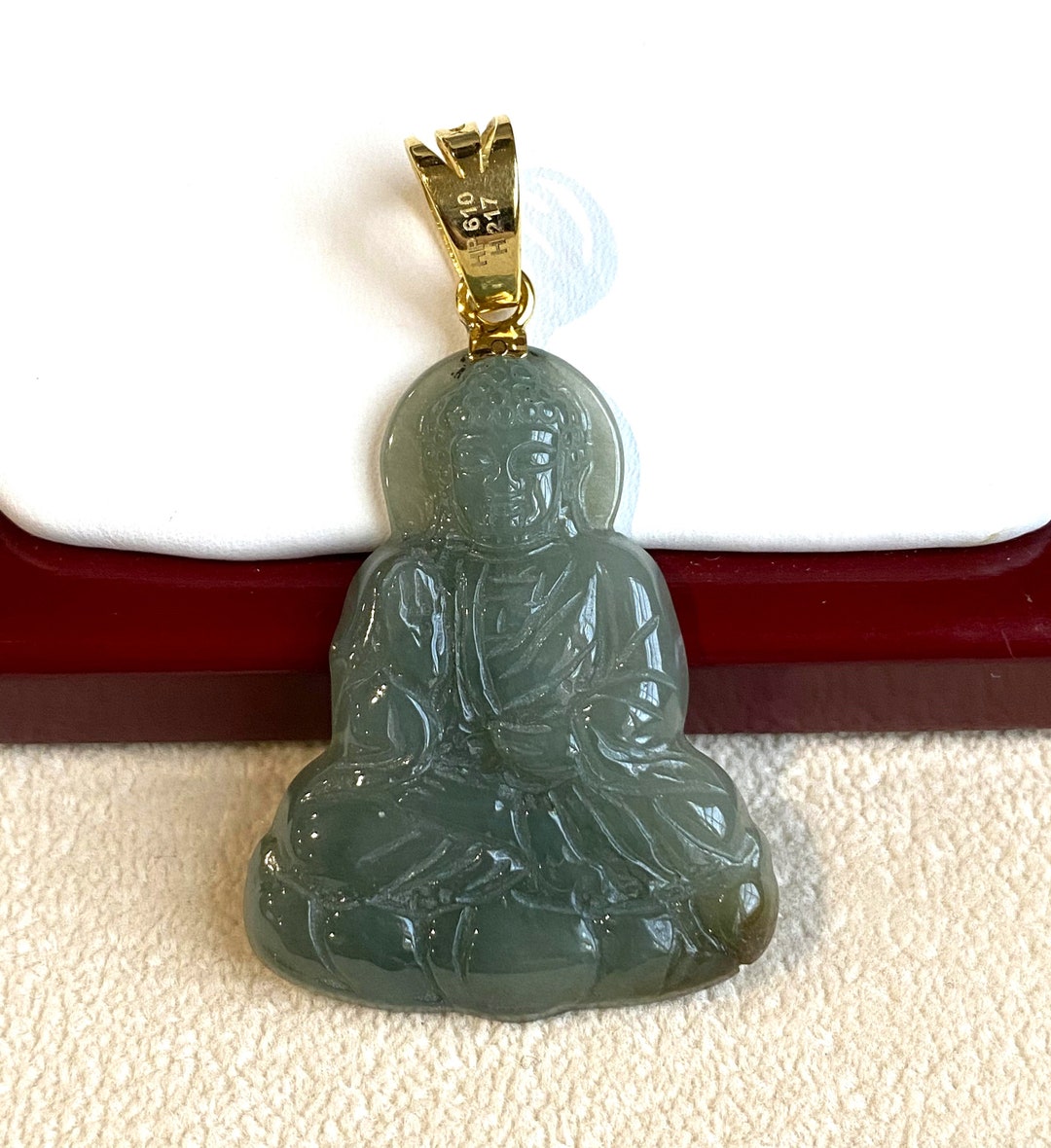 Vintage 18K Solid Yellow Gold Green, Blueish, Brown Jadeite Jade Buddha ...