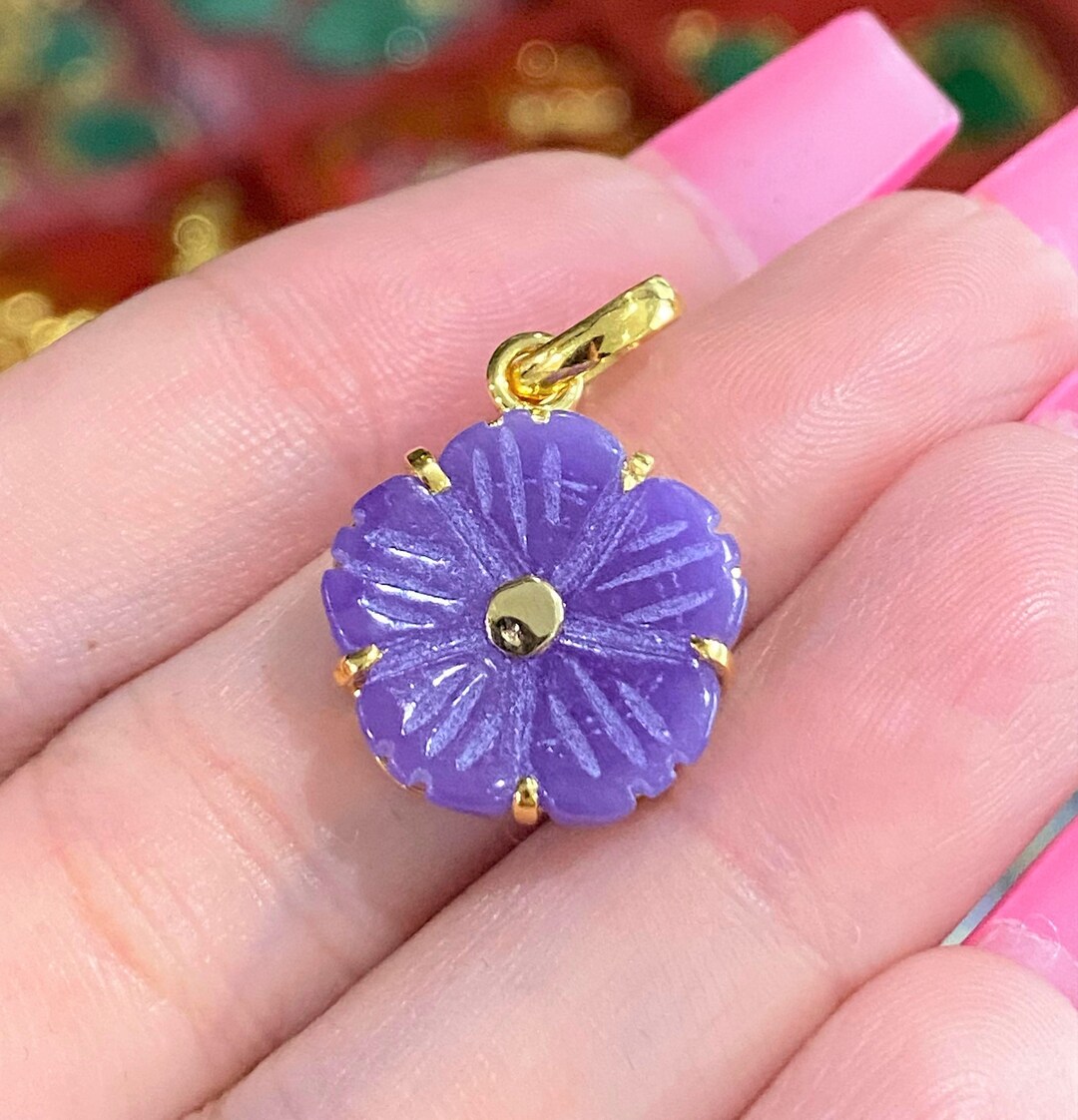 Vintage 18K Solid Gold Purple Jadeite Jade Carved Flower Pendant. - Etsy