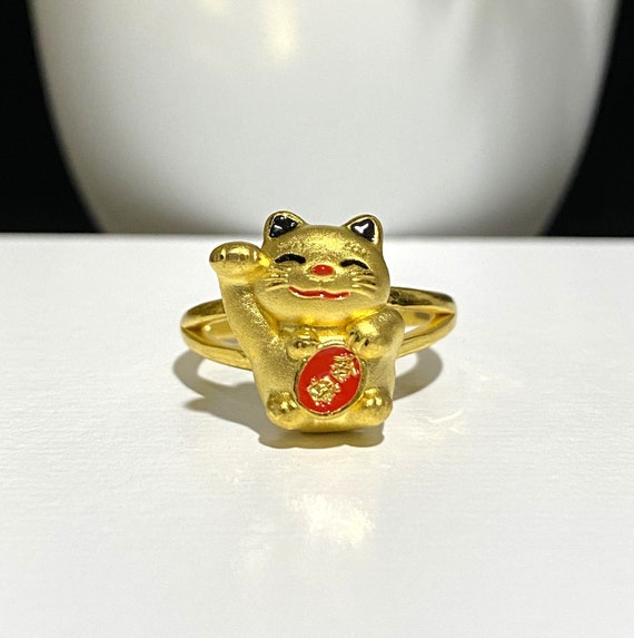 24K 9999 Gold 3D Red Enamel Lucky Cat Vintage Ring Size 7.5 Etsy UK