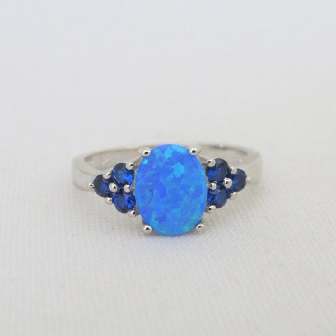 Vintage Sterling Silver Blue Opal & Blue Sapphire Ring Size 9 - Etsy