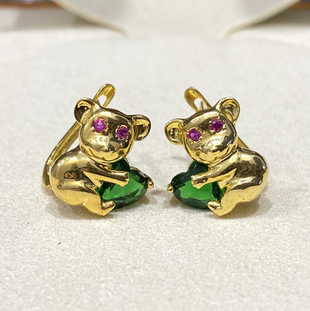 Vintage 18K Solid Yellow Gold Emerald & Ruby Bear Earrings. - Etsy
