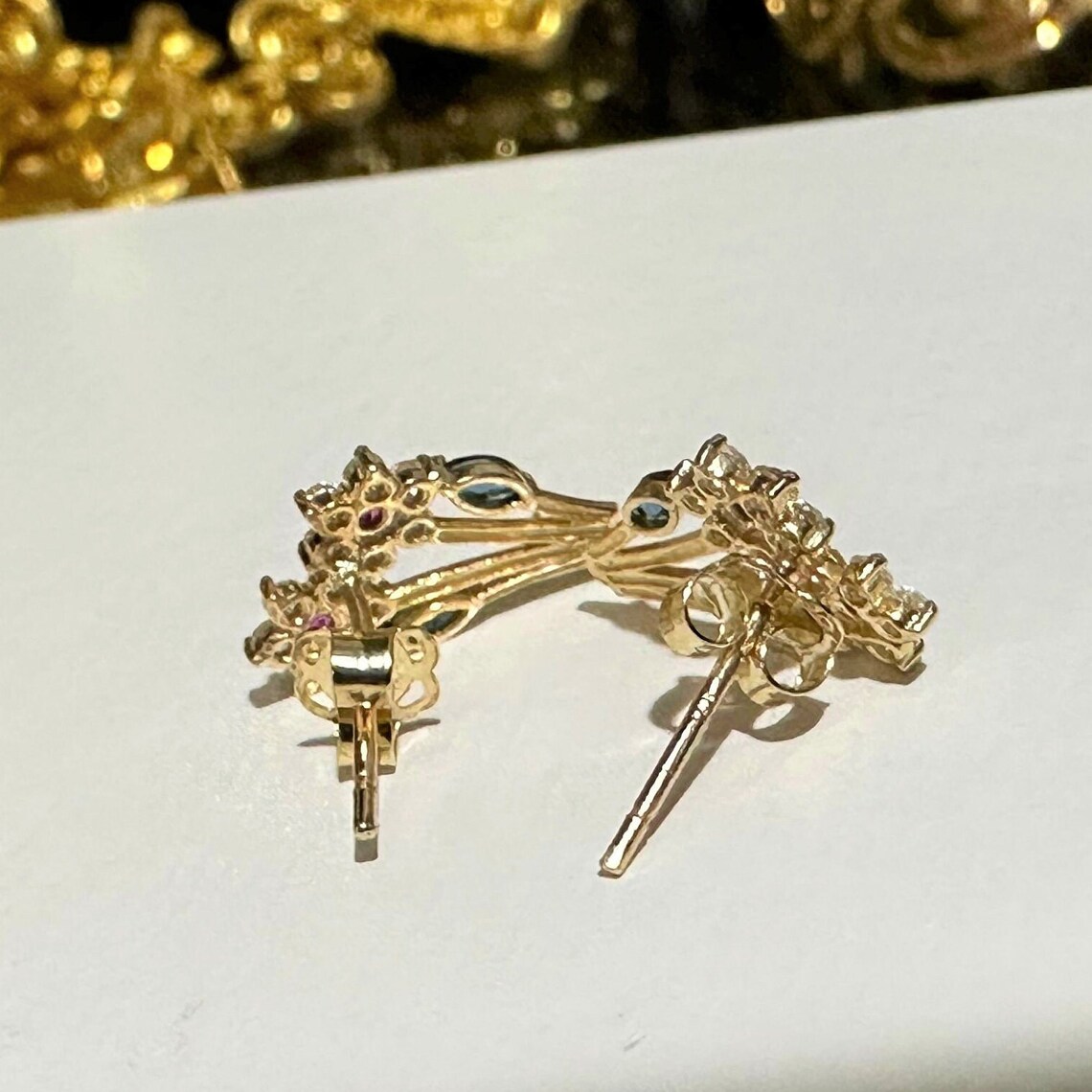 Vintage 14K Solid Yellow Gold Ruby, Blue Sapphire & White Topaz Flowers ...