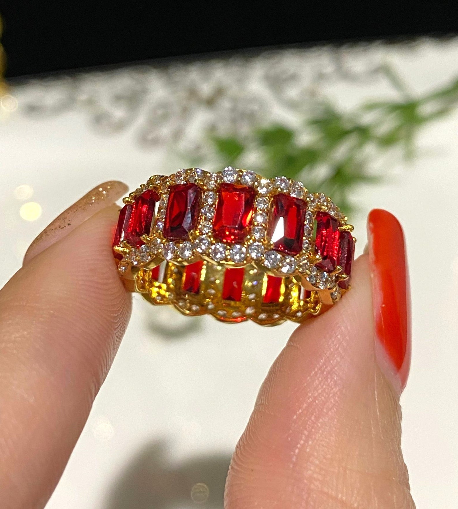 Vintage 15K 610 Solid Yellow Gold Ruby & White Topaz Band Ring Size 7 ...