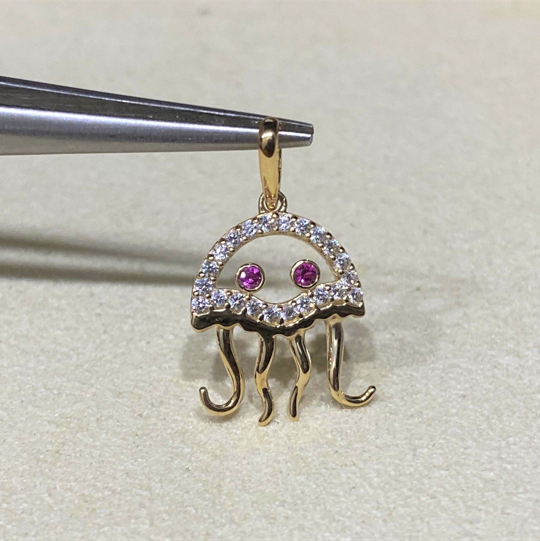 14K Solid Yellow Gold White Topaz & Ruby Octopus Tiny Pendant. - Etsy