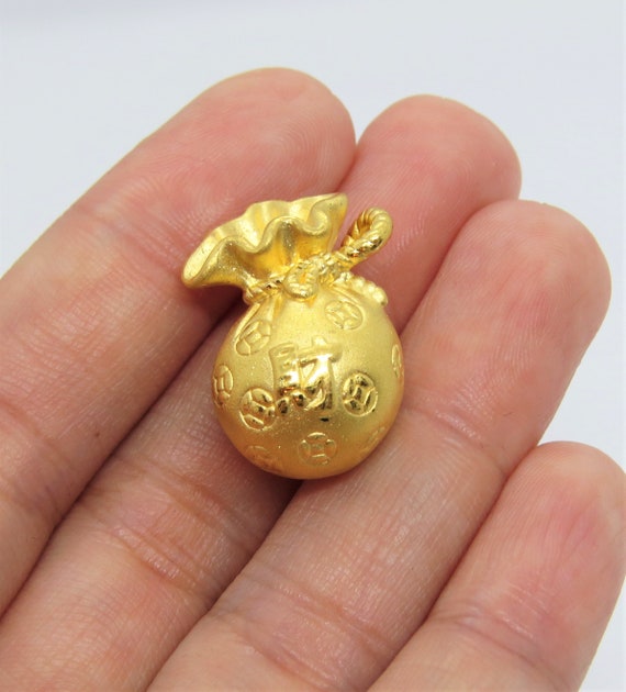 24k 999 Pure Gold 3D Luck Money Bag Vintage Pendant - Gem