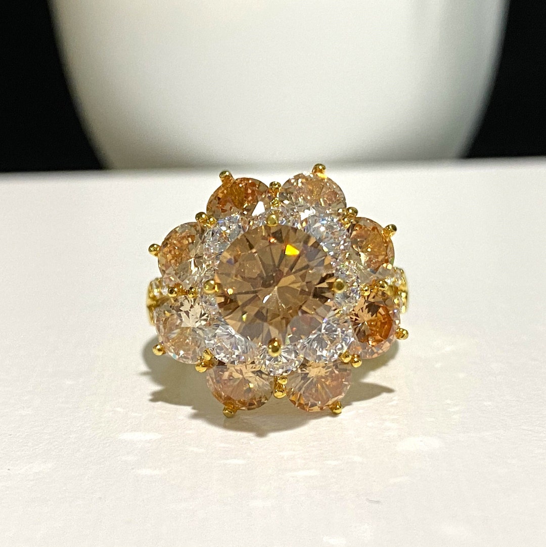 15K 610 Solid Yellow Gold Champagne Topaz & White Topaz Flower Cluster ...