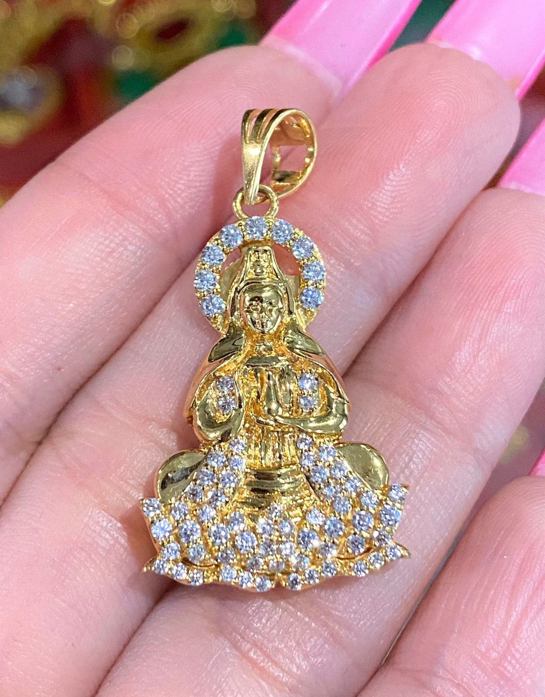 Vintage 18K Solid Gold White Topaz Kwan Yin Buddha Pendant. Phat Ba ...