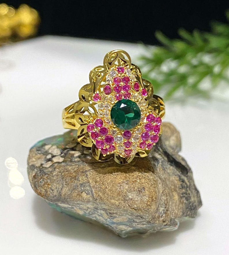 Vintage 15K 610 Solid Yellow Gold Emerald, Ruby & White Topaz Frog Ring ...