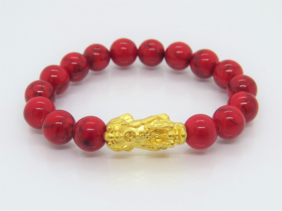 Vintage 24K 9999 Yellow Gold Pixiu With Red Turquoise Bead Elastic ...