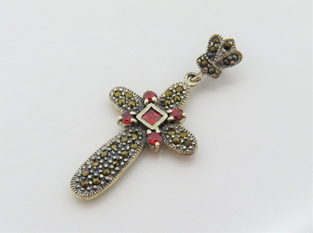 Vintage Sterling Silver Garnet & Marcasite Cross Pendant - Etsy