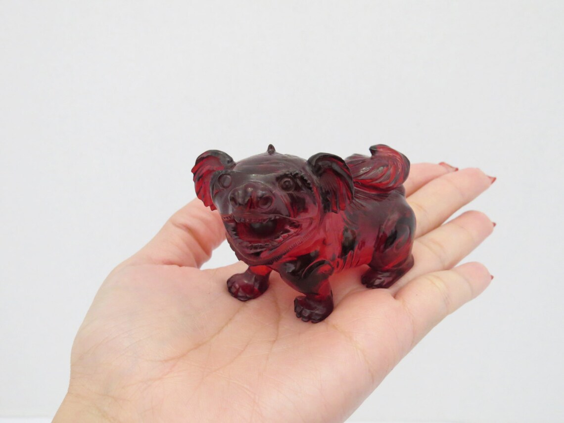 ANTIQUE Exquisite Small Hand Carved Red FOO DOG Statue | Etsy