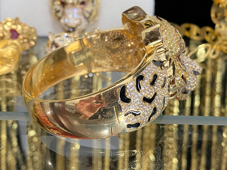 Vintage 18K Solid Gold Enamel White Topaz Tiger Bangle - Etsy