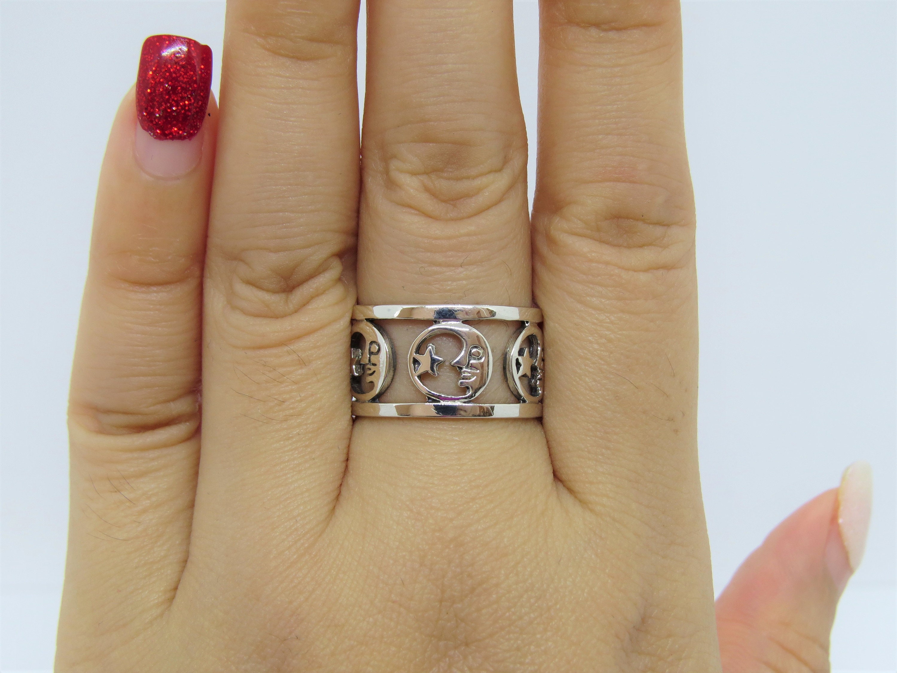Vintage Sterling Silver Moon And Star Band Ring Size 7 5 Etsy