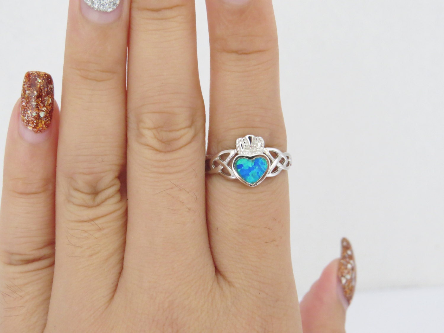 Vintage Claddagh Sterling Silver Inlay Blue Opal Ring Size 10 | Etsy