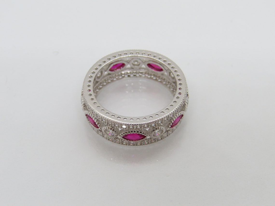 Vintage Sterling Silver Ruby & White Topaz Band Ring Size 8 - Etsy
