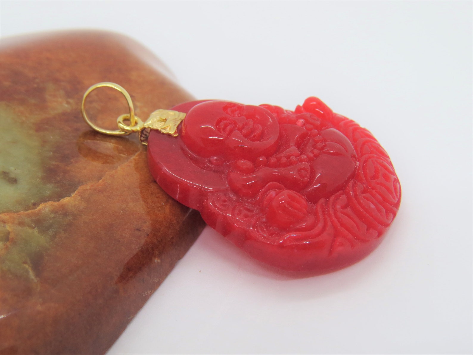 Vintage 18K Solid Yellow Gold Red Jadeite Jade Carved Laughing Buddha ...