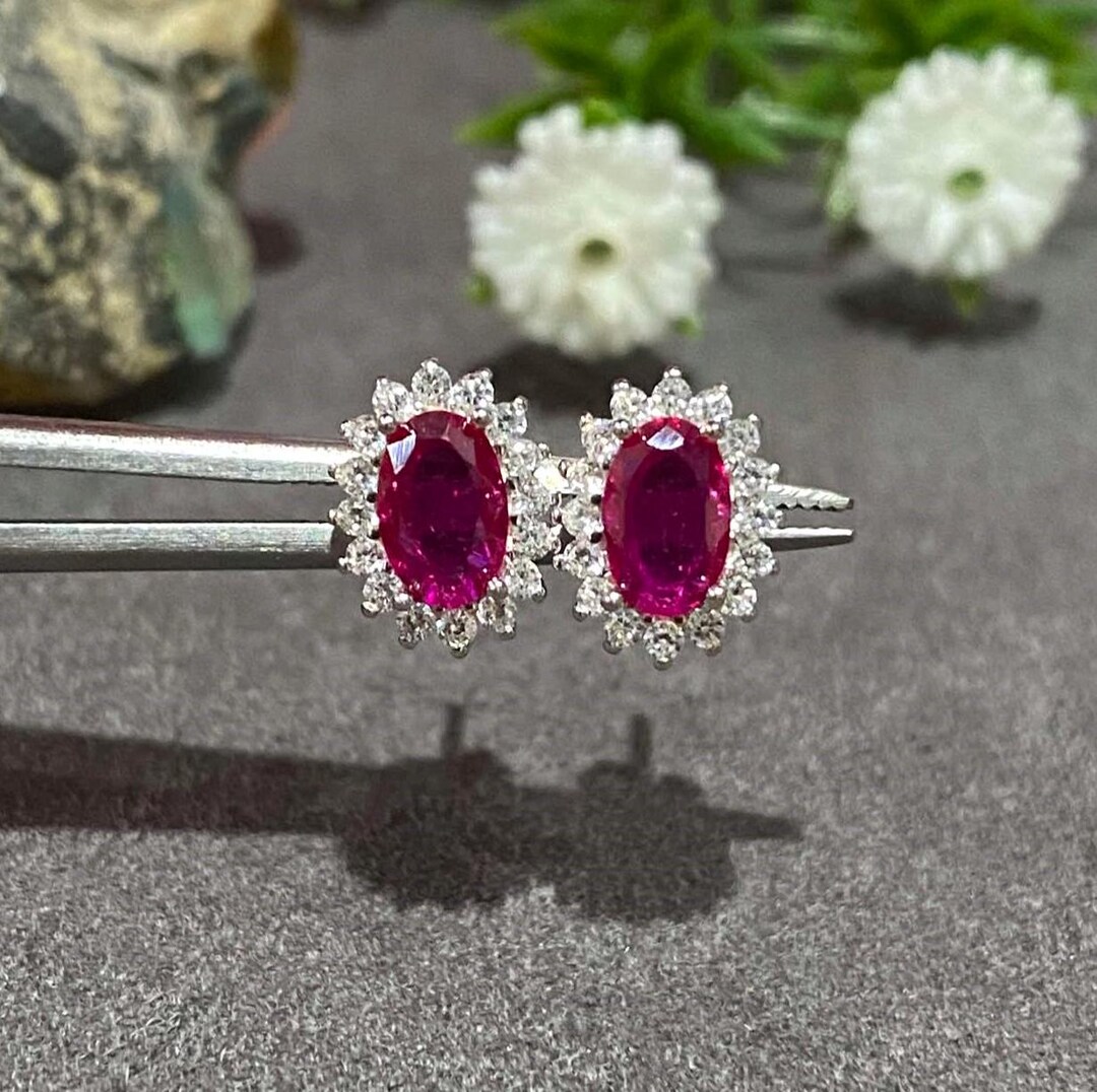 Vintage Sterling Silver Oval Cut Ruby & White Topaz Earrings. - Etsy