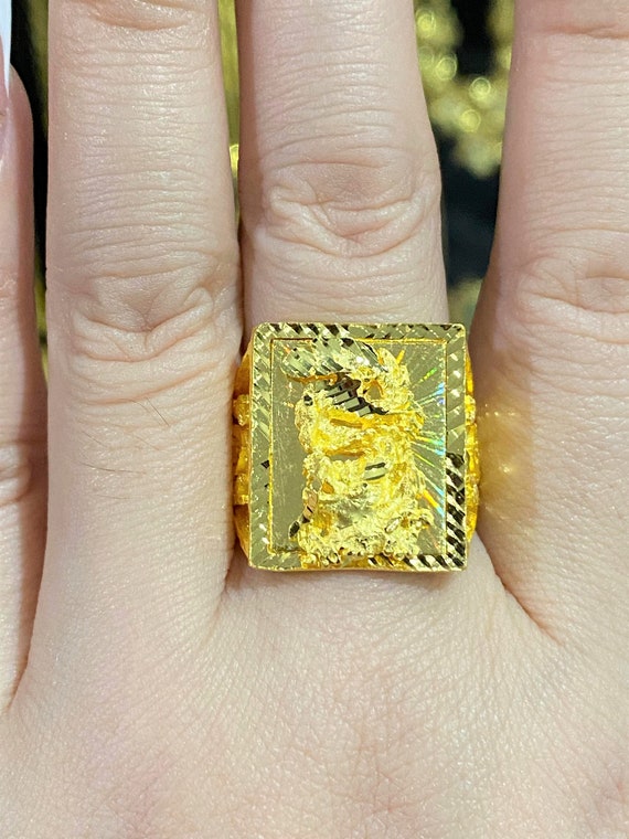980 23K Solid Gold Dragon Rectangle Vintage Ring Size… - Gem