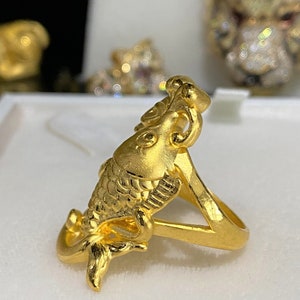 24K 999 Pure Gold 3D Fish Goldfish Money Coin Luck Vintage Ring Size 7. ...