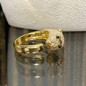 Vintage 15K 610 Solid Gold Black Sapphire & White Topaz Panther, Jaguar, Tiger Leopard Ring Size ...