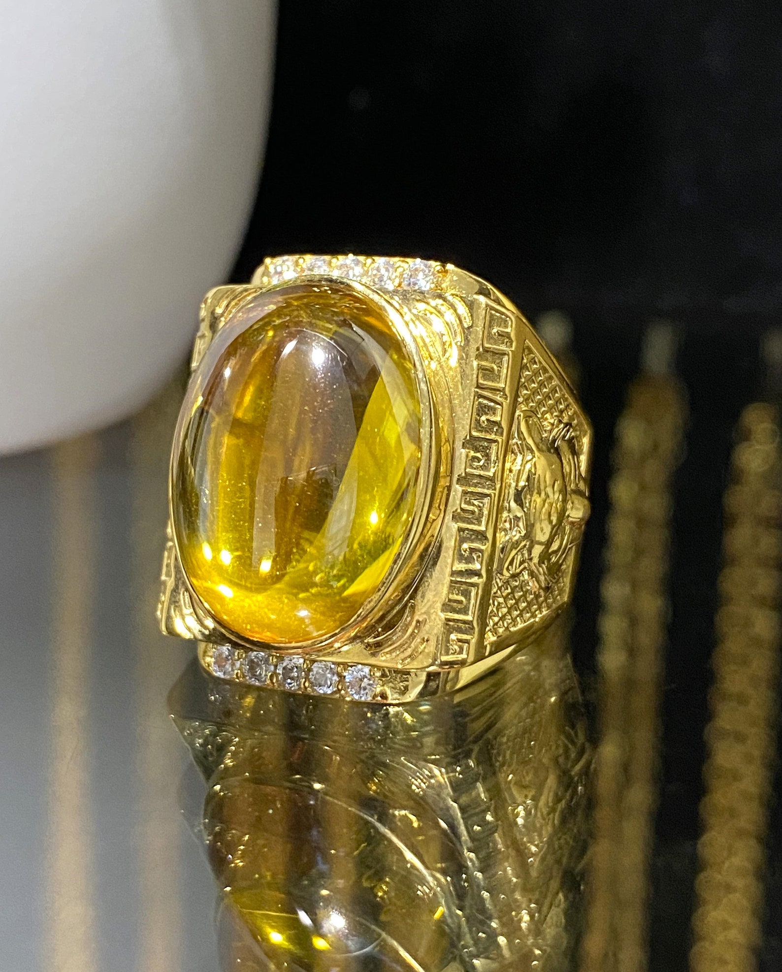 Vintage 15K 610 Yellow Gold Citrine Cabochon & White Topaz Tiger Ring ...