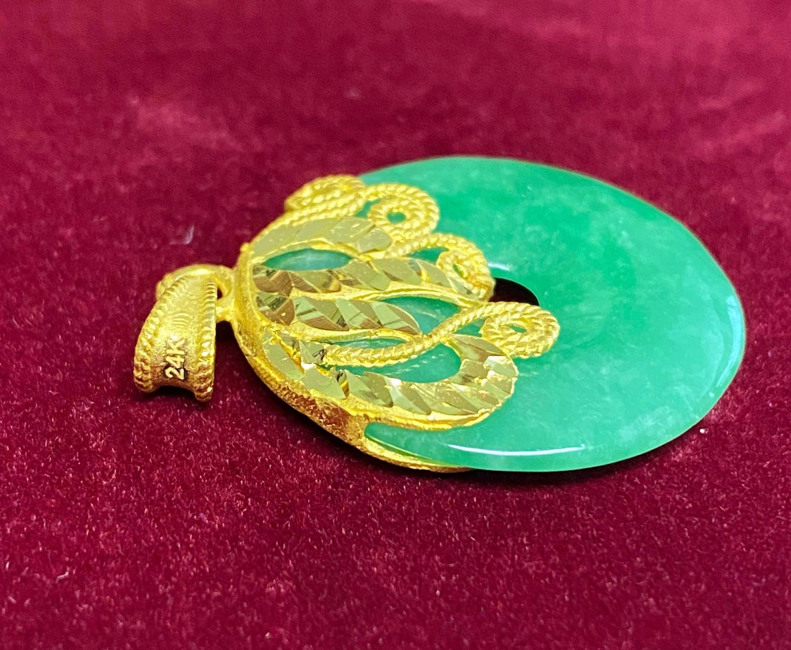 Vintage 24K Solid Pure Gold Green Jadeite Jade Donut Circle Pendant - Etsy