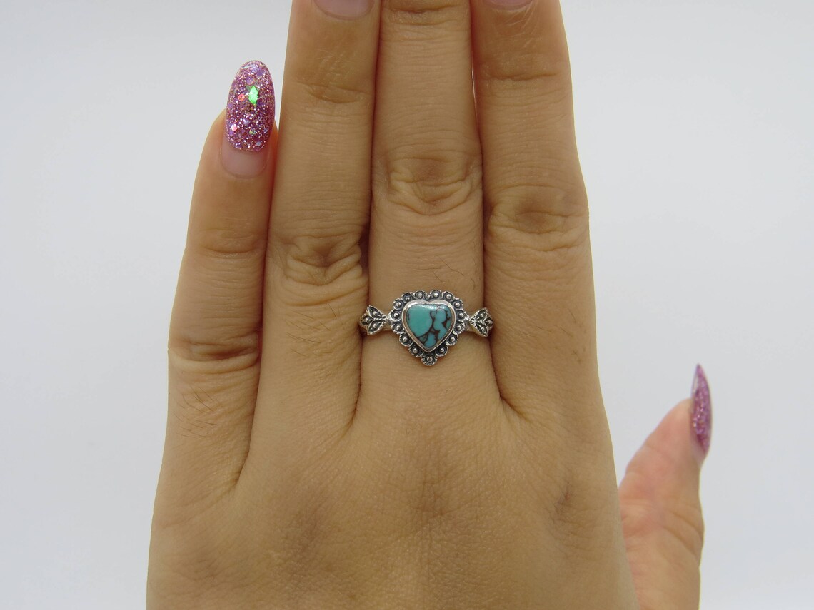 Vintage Sterling Silver Turquoise Heart Ring Size 8 | Etsy
