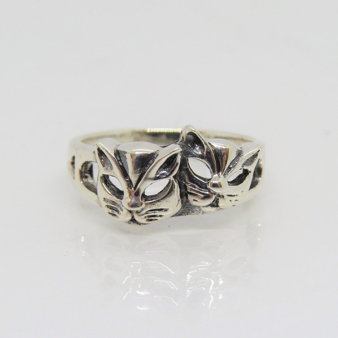 Vintage Sterling Silver Two Cat Face Ring Size 8 - Etsy