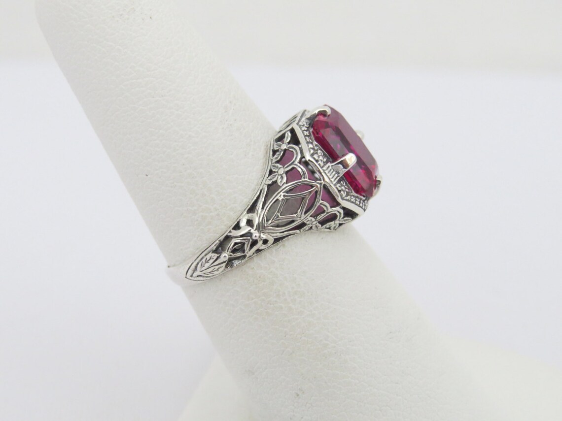Vintage Sterling Silver Emerald Cut Ruby Filigree Ring Size 8 | Etsy