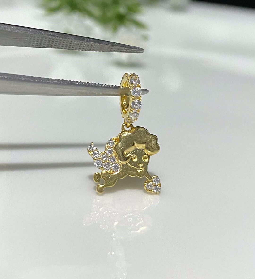 Vintage 15K 610 Solid Yellow Gold White Topaz Dog Charm Pendant. - Etsy