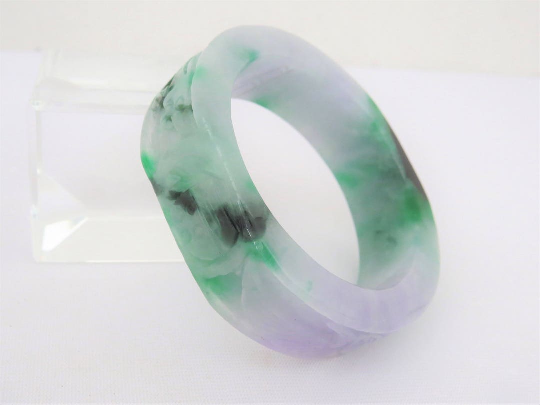 Vintage Translucent Dark Green Lavender Jadeite Jade Carved Ruyi Bangle ...