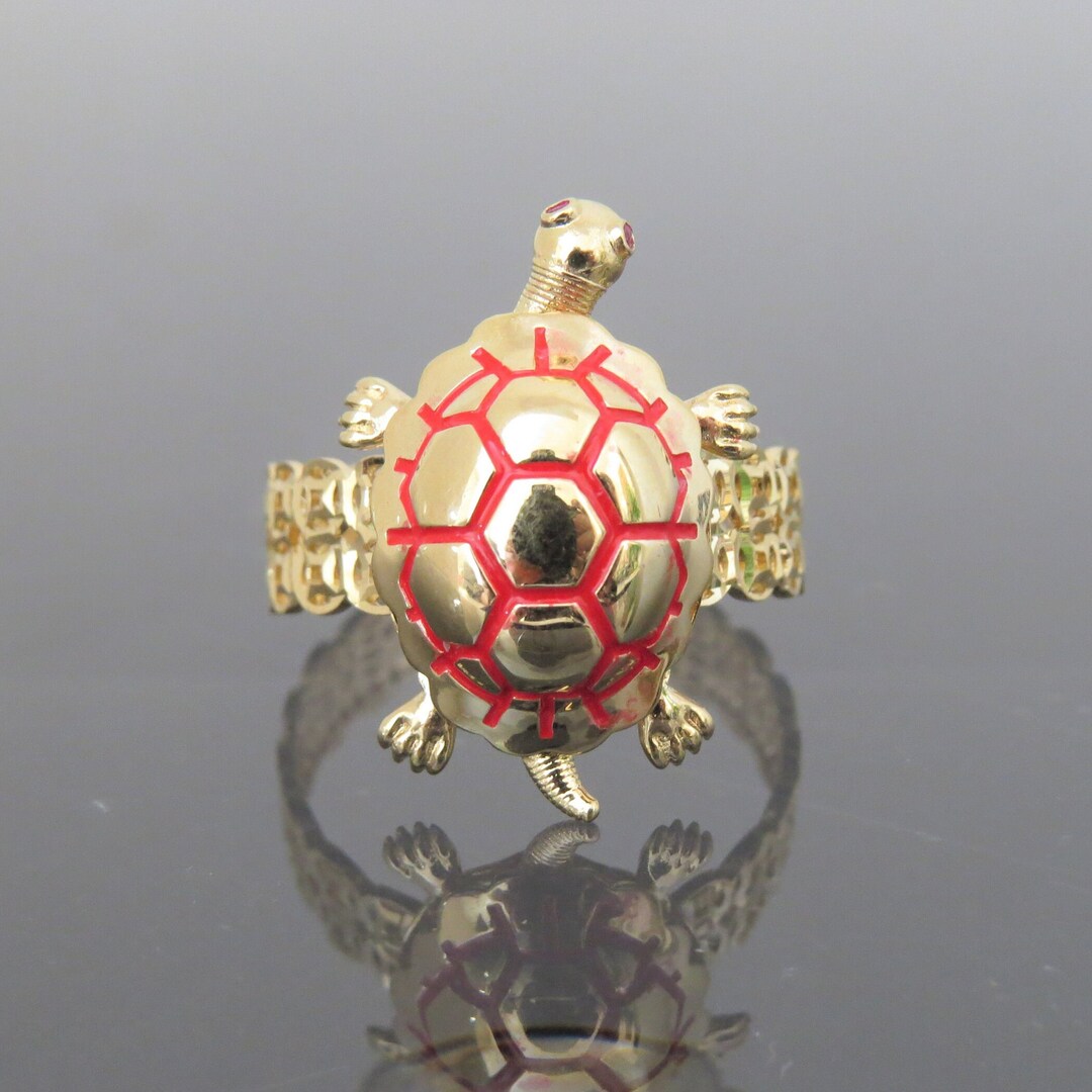 Vintage 18K Solid Yellow Gold Red Enamel Ruby Lucky Money Coin Turtle ...