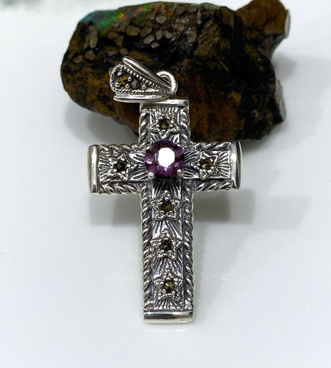 Vintage Sterling Silver Round Cut Natural Amethyst & Marcasite Cross ...
