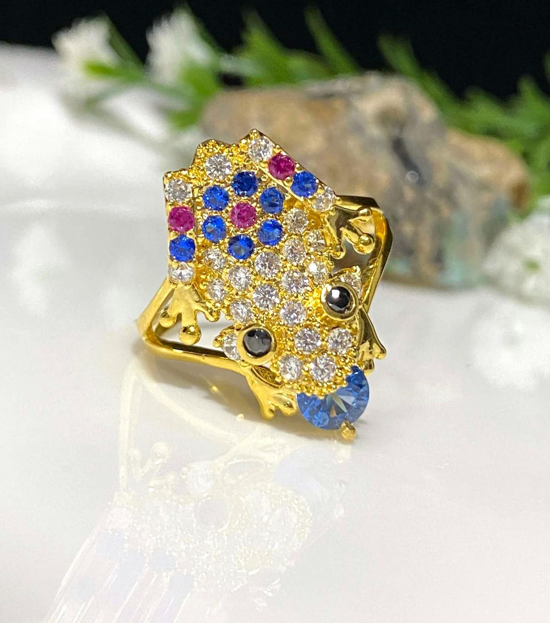 Vintage 15K Gold Frog Ring Sapphire, Ruby & Topaz Eyes, Size 9 - Etsy