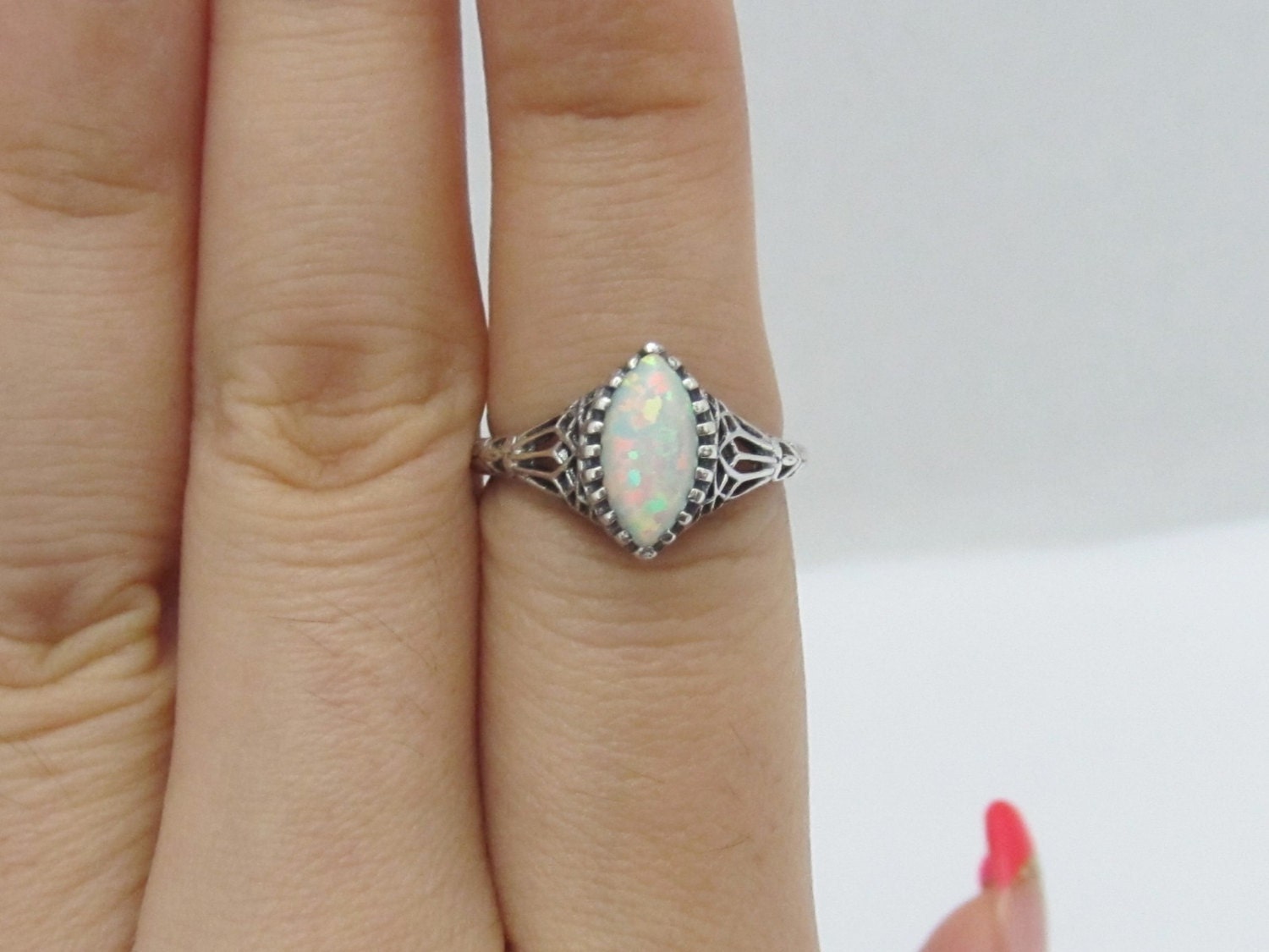 Vintage Sterling Silver Marqui Cut White Opal Filigree Ring | Etsy
