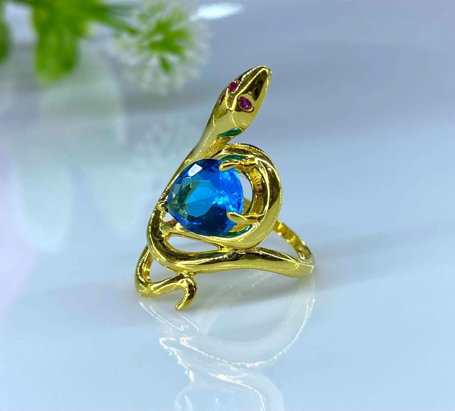 Vintage 15K Yellow Gold Snake Ring: London Blue Topaz, Ruby Eyes, Size ...