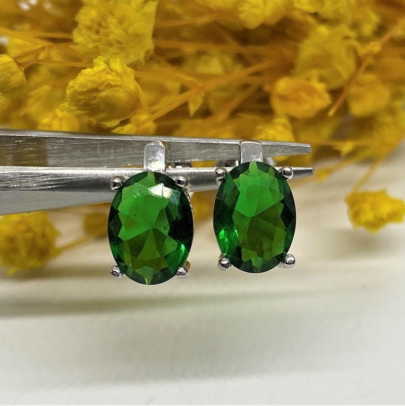 Vintage Sterling Silver Oval Cut Emerald Earrings. - Etsy