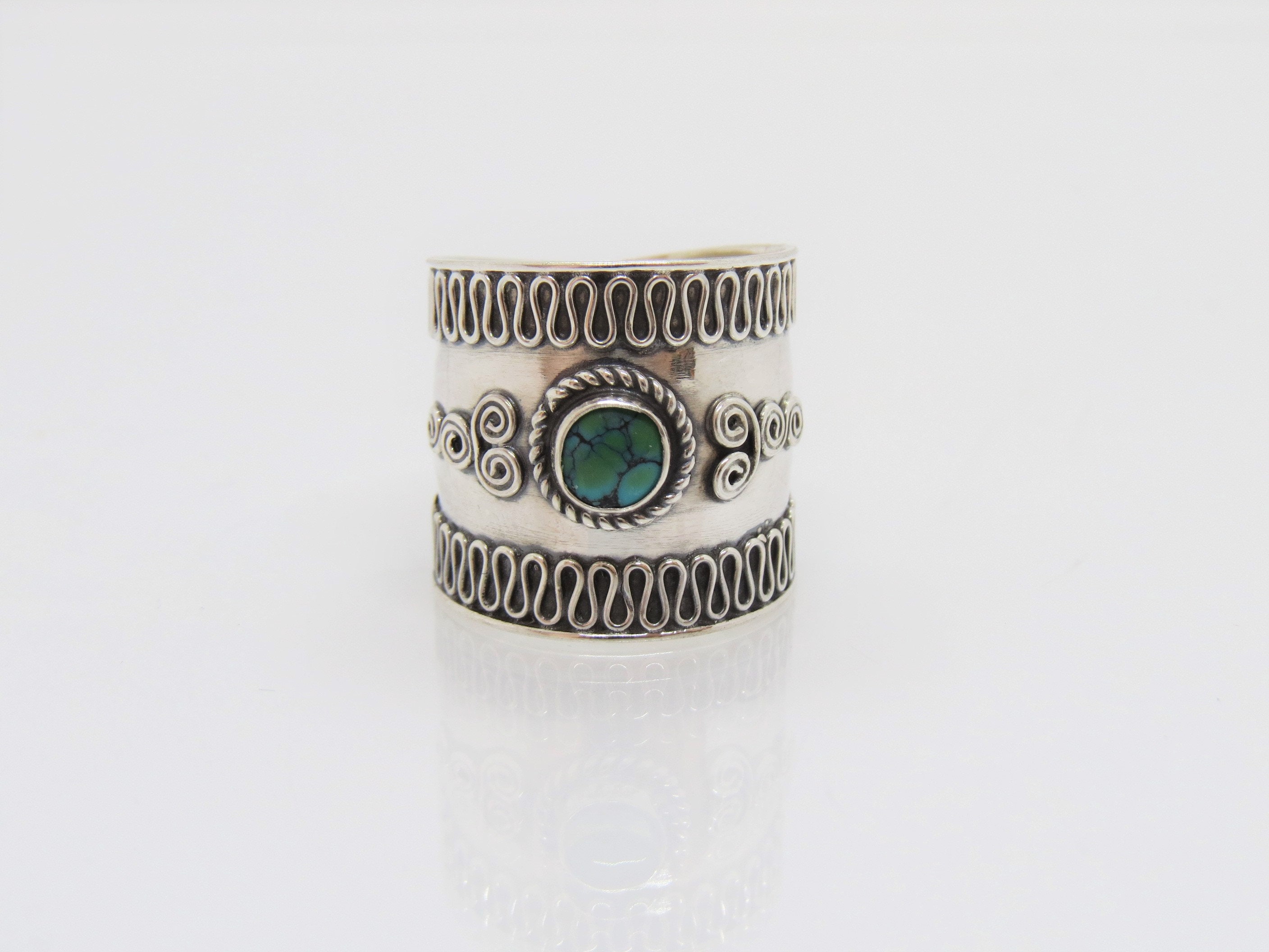 Vintage Bali Sterling Silver Turquoise Band Ring Size 8 | Etsy