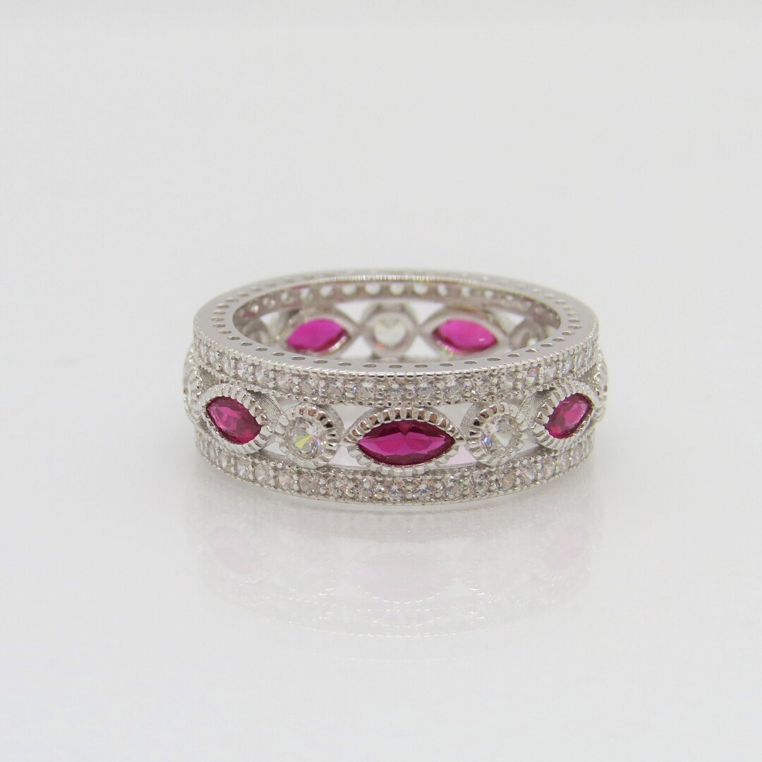 Vintage Sterling Silver Ruby & White Topaz Band Ring Size 8 - Etsy