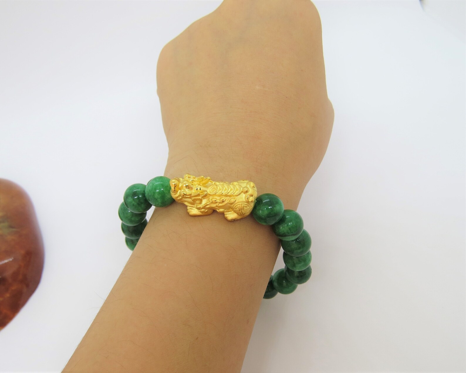 Vintage 24K 999 Pure Gold 3D Pixiu With Green Jadeite Jade Bead ...