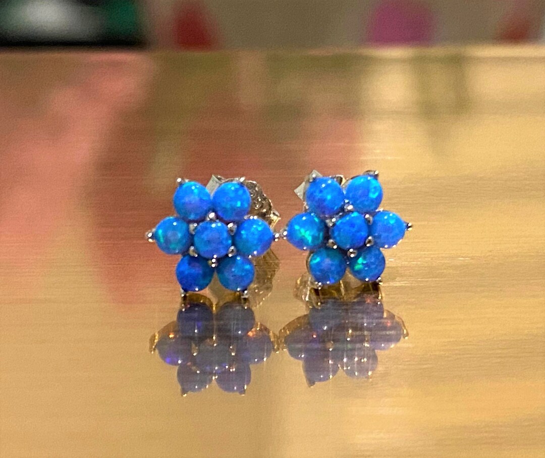 Vintage Sterling Silver Blue Opal Flower Tiny Stud Earrings. - Etsy