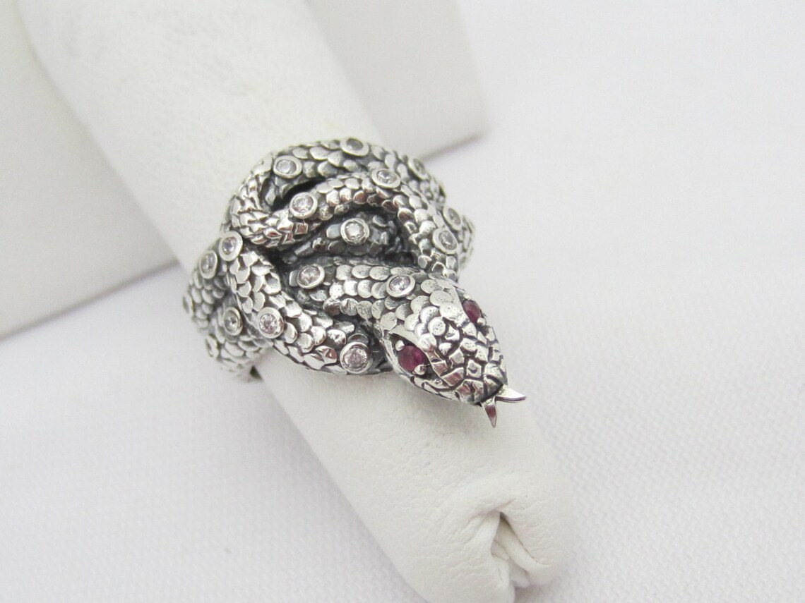 Vintage Sterling Silver White Topaz & Ruby Eyes Snake Ring - Etsy