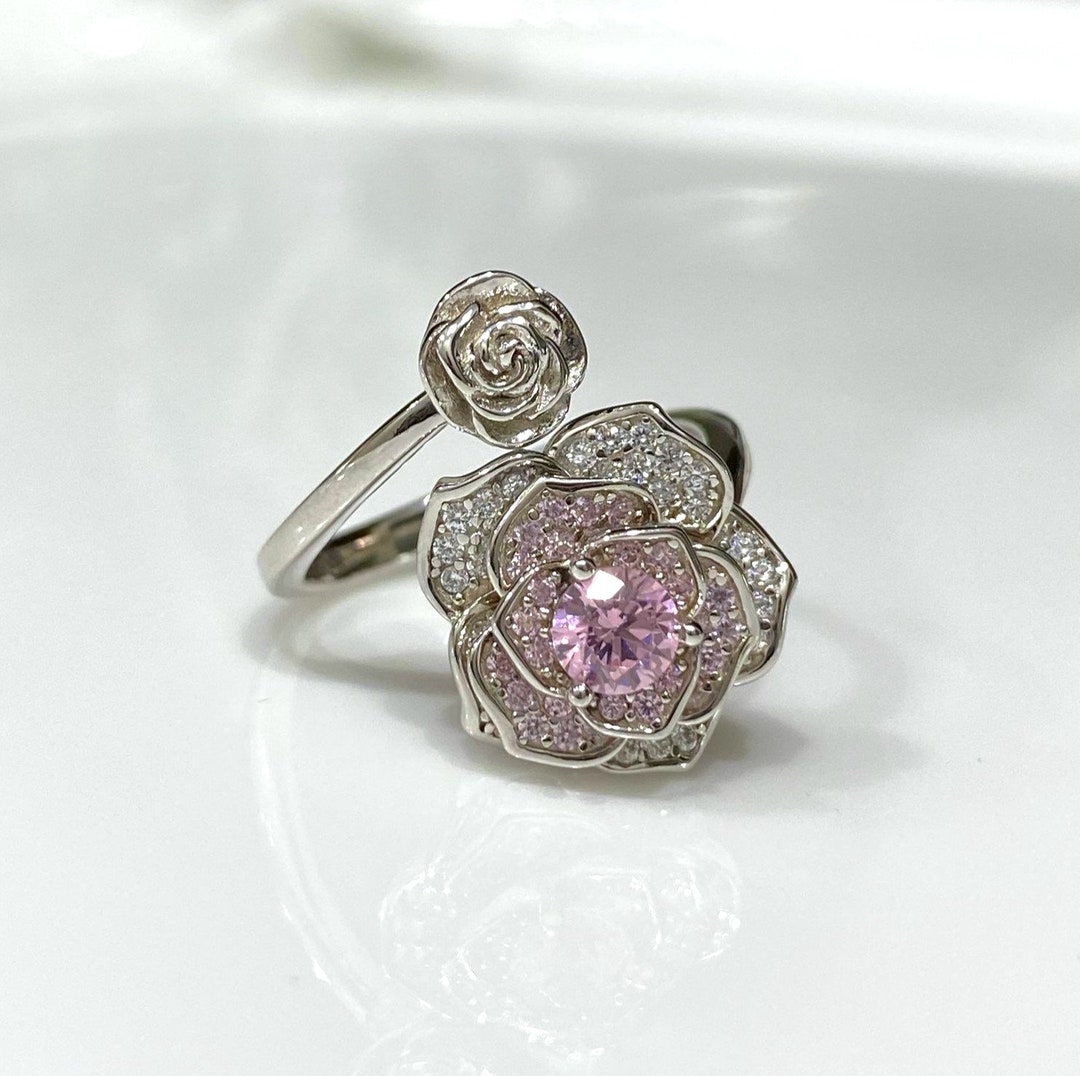 Vintage Sterling Silver Pink Sapphire & White Topaz Rose Flower Ring ...