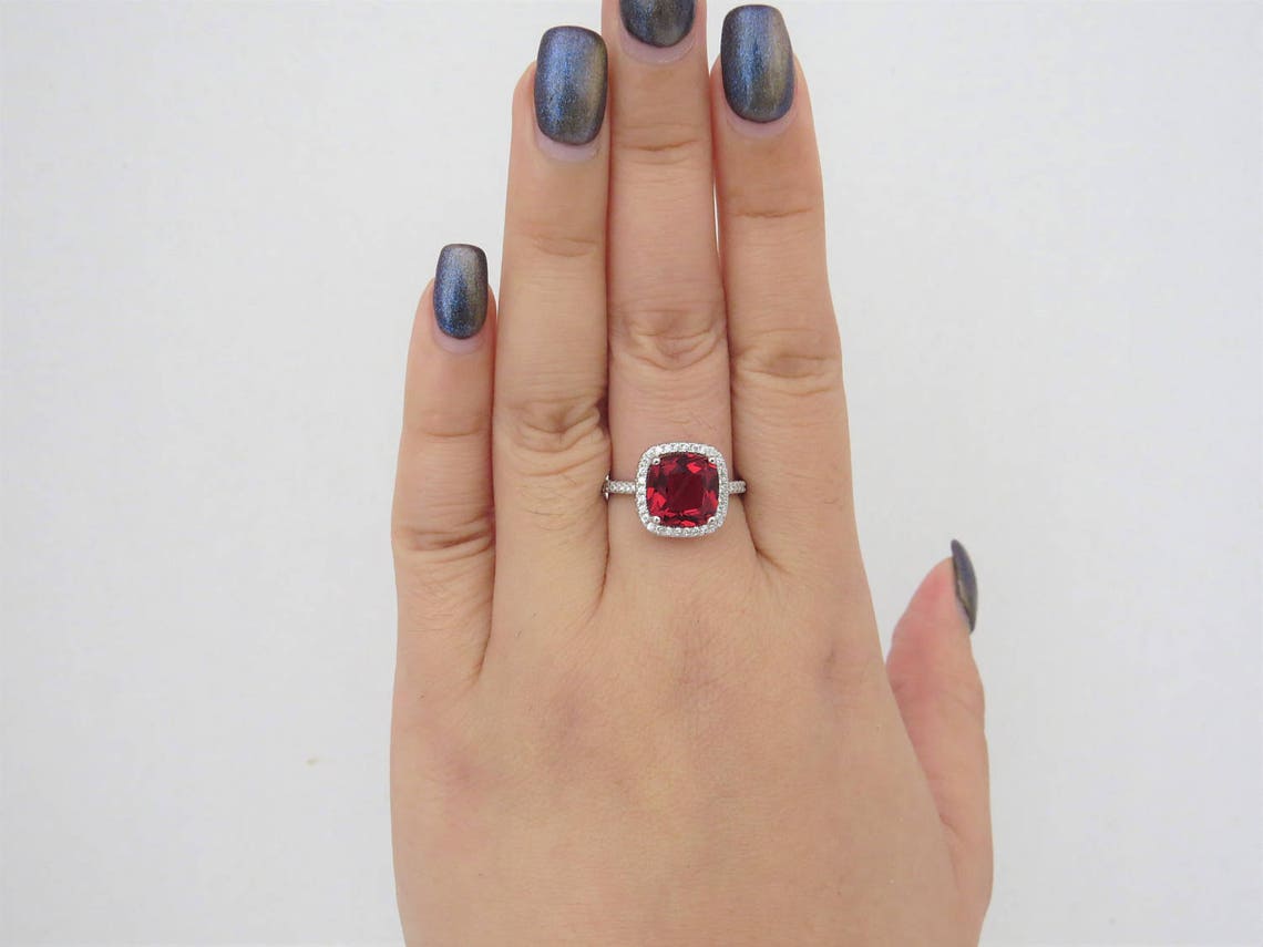 Vintage Sterling Silver Cushion Cut Ruby & White Topaz Halo | Etsy