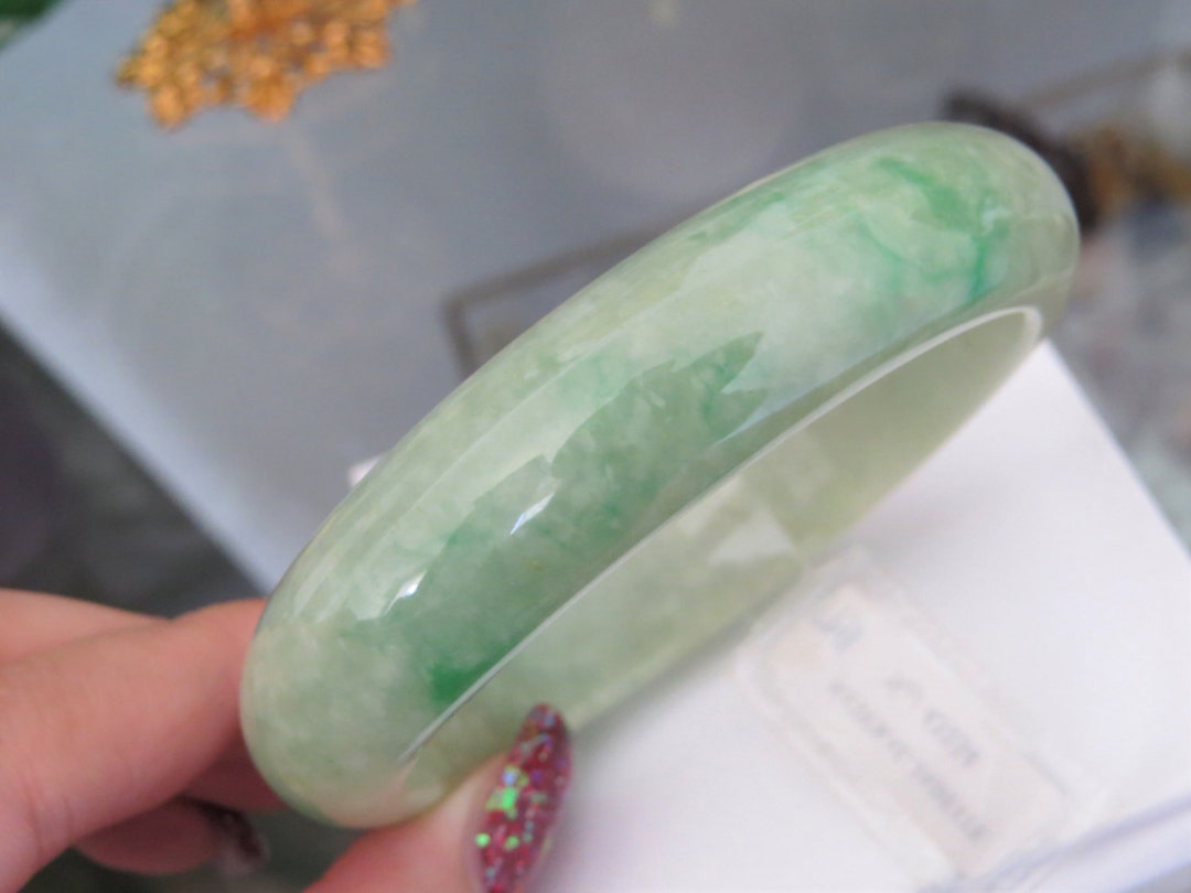 Vintage Translucent Natural Floral Green Jadeite Jade Bangle Bracelet ...